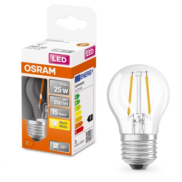 Osram LED lamp E27 | Kogel P45 | Filament | Helder | 2700K | 2.5W (25W) Osram 123led.nl